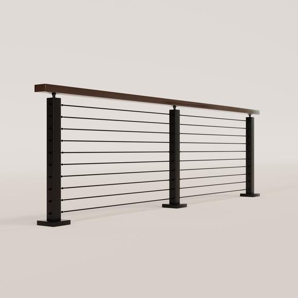 Cable Railing - Black Metal With Dark Wood Top 8' Deck Mounted Straigh ...